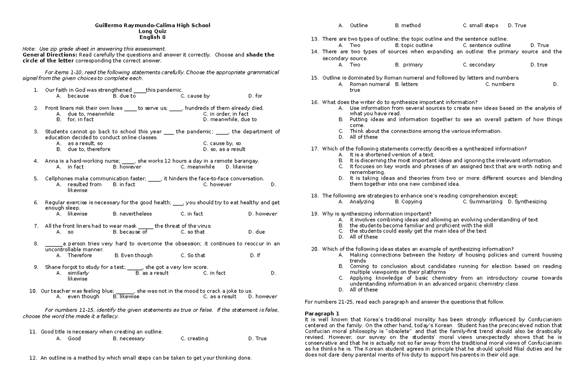 Long quiz grade 8 - its a long quiz for English 8 - Guillermo Raymundo ...