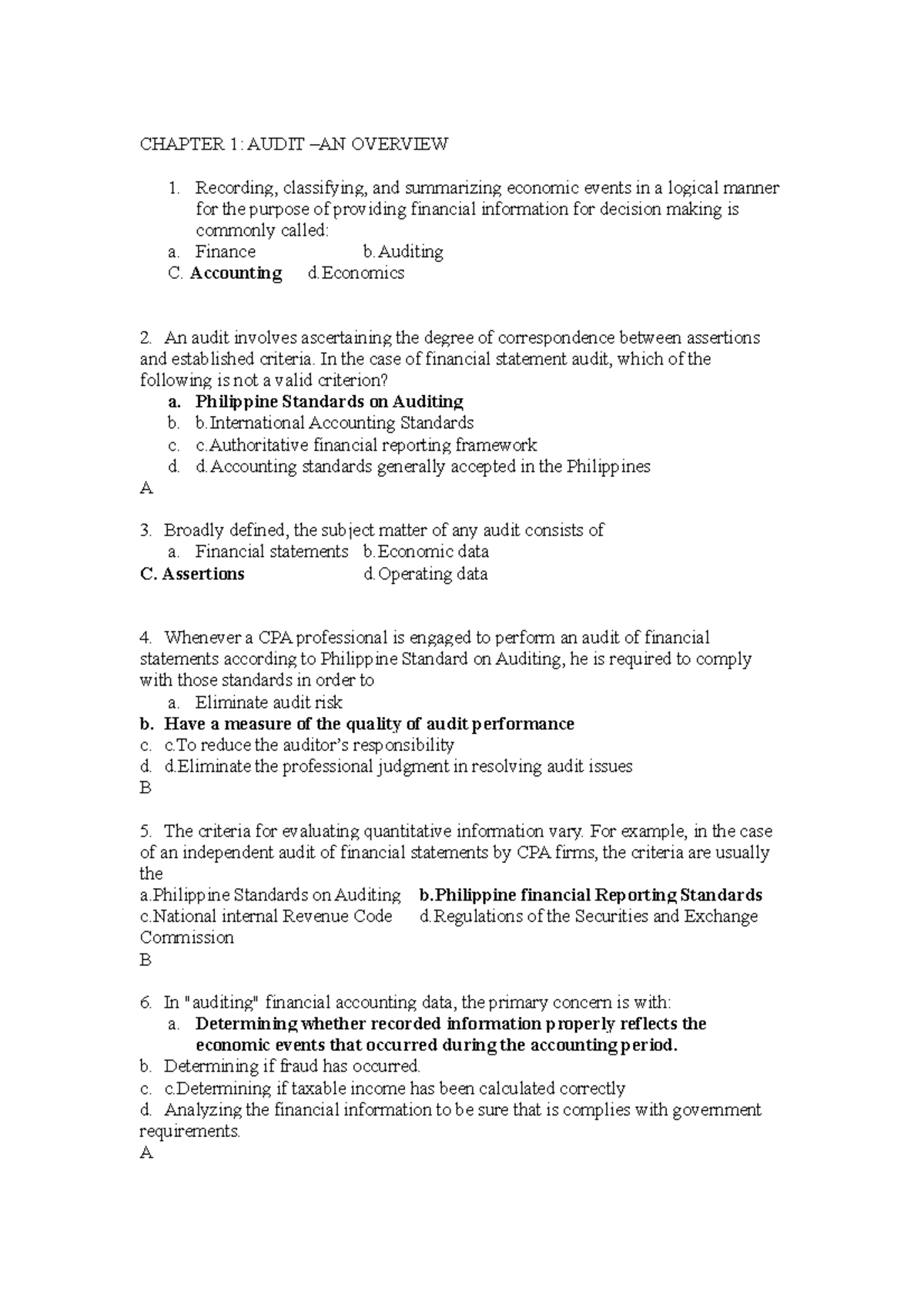 PRE1 - Reviewers - CHAPTER 1: AUDIT –AN OVERVIEW Recording, classifying, and summarizing ...