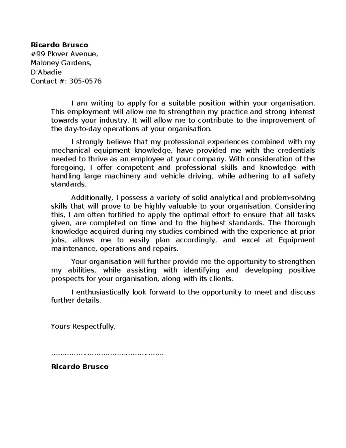 Ricardo Brusco resume - Ricardo Brusco #99 Plover Avenue, Maloney ...