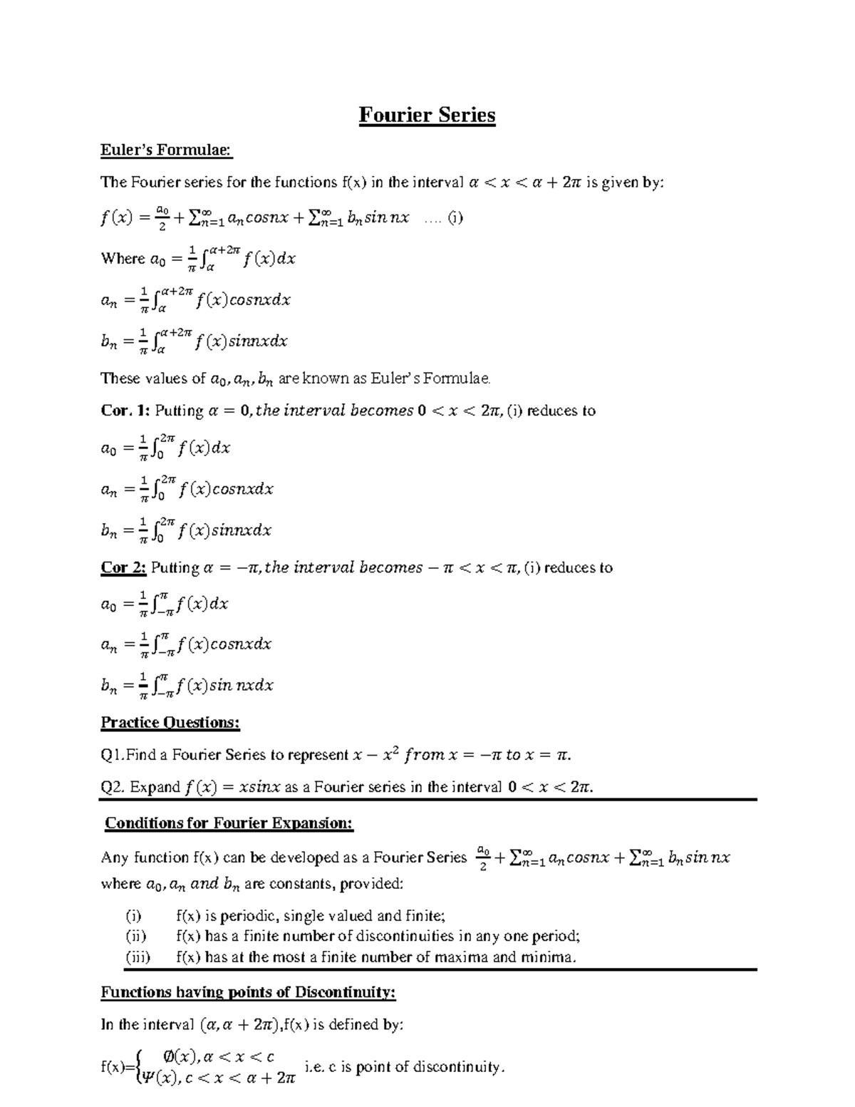 Lecture 2 29 - Good notes - Fourier Series Euler’s Formulae: The ...