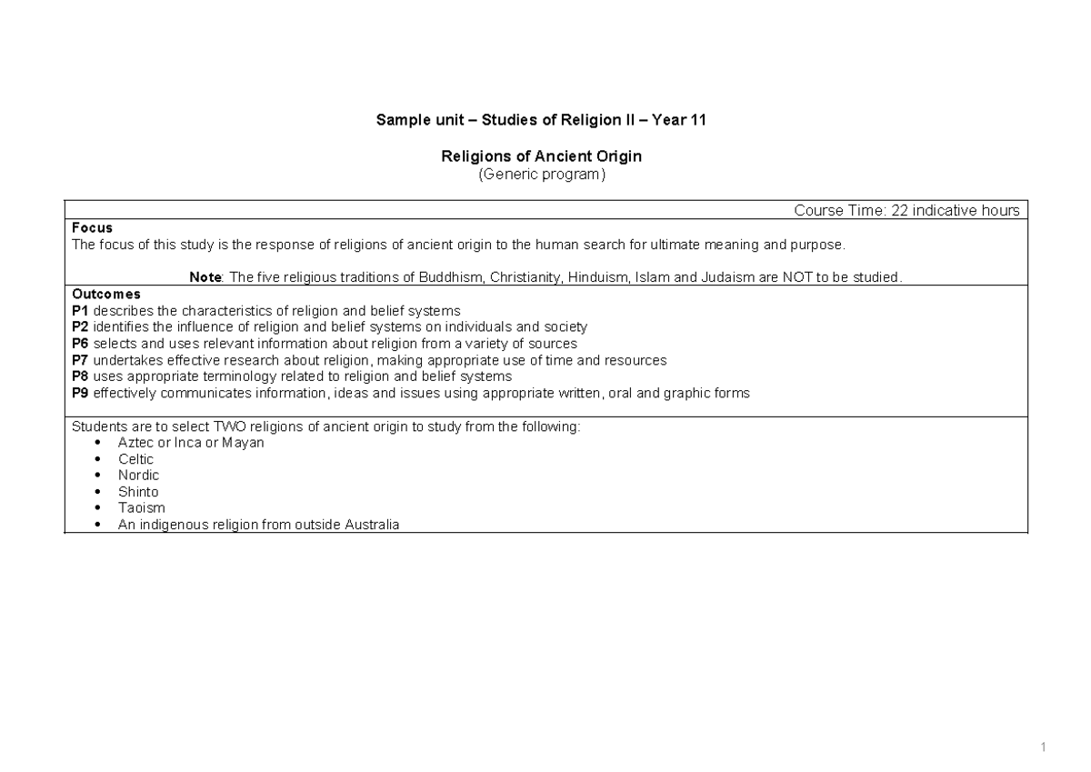 Studies of religion ii year 11 sample unit religions of ancient origin ...