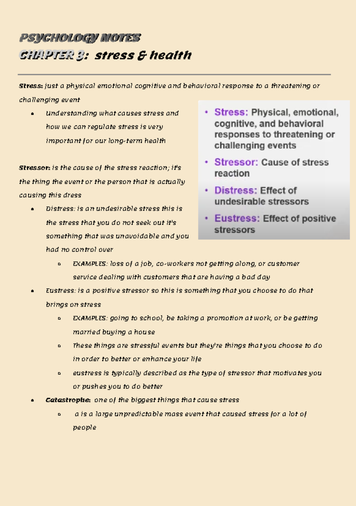 Chapter 3 - PSYCHOLOGY NOTES CHAPTER 3: stress & health Stress: just a ...
