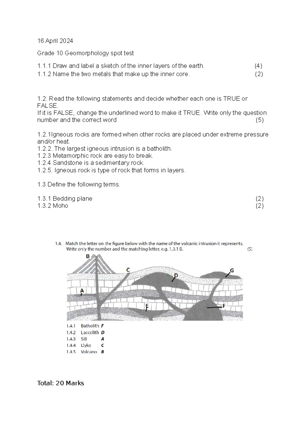 16 April 2024 Grade 10 Geomophorlogy spot test - 16 April 2024 Grade 10 ...