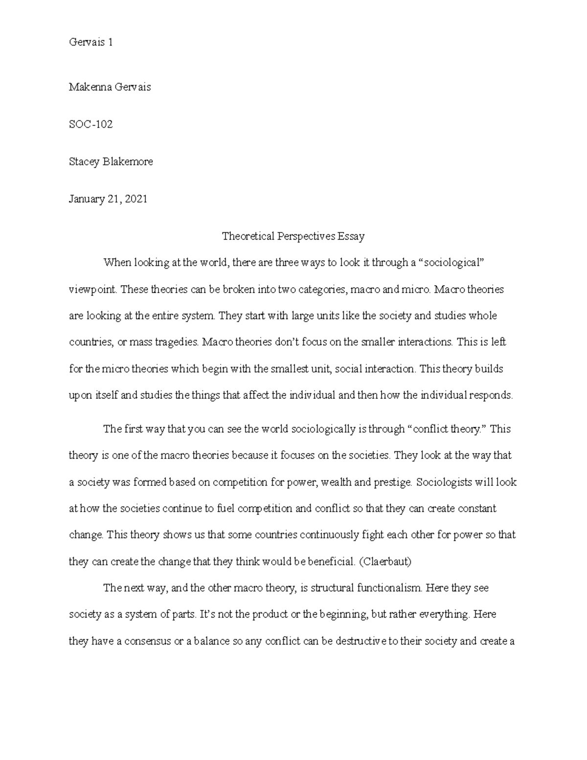 Theoretical Perspectives Essay - Makenna Gervais SOC- Stacey Blakemore ...