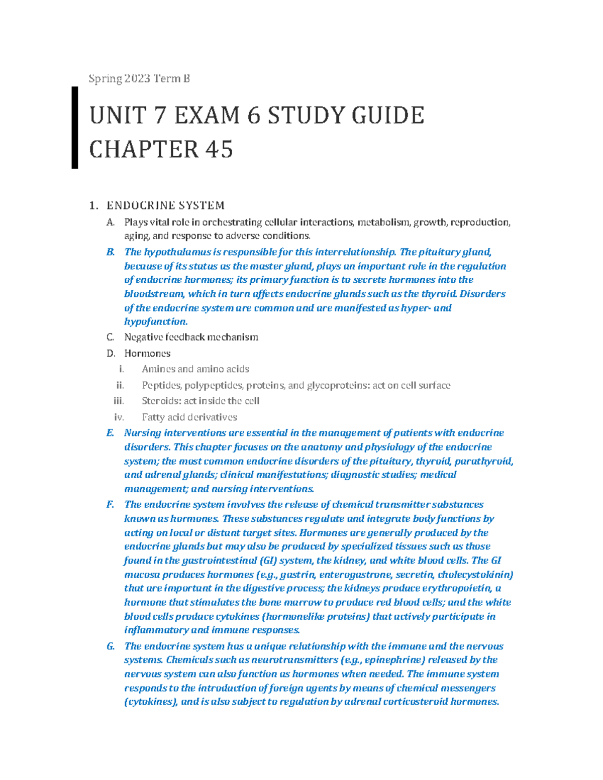 Chapter 45 study guide - endocrine system - Spring 2023 Term B UNIT 7 ...