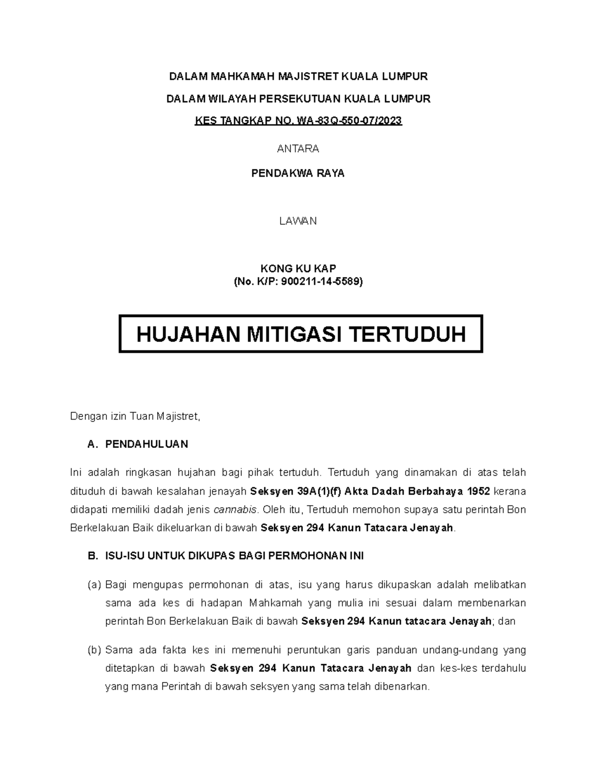 LAW543 - CTA - Assignment - Hujahan Mitigasi - DALAM MAHKAMAH MAJISTRET ...