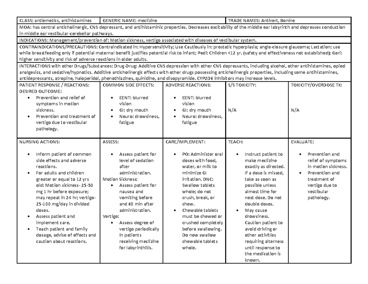 Meclizine Med Card - Med card - CLASS: antiemetics, antihistamines ...