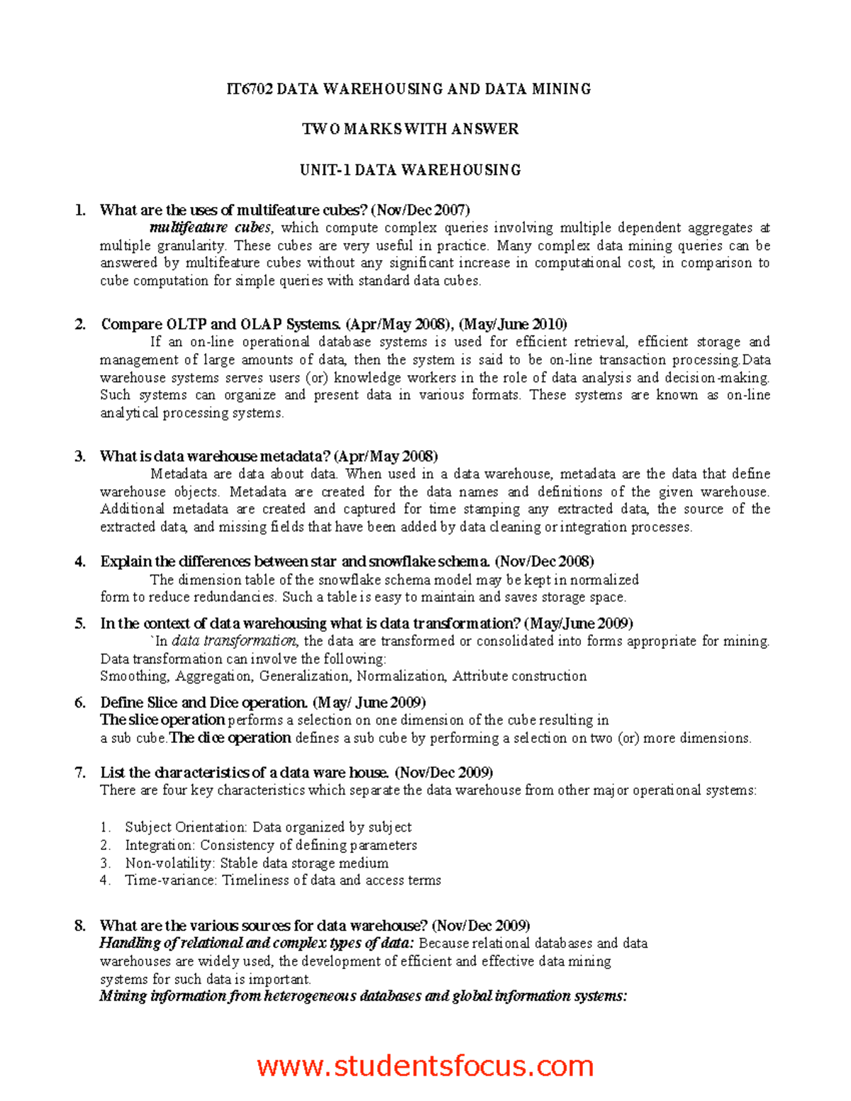 DATA Mining short bits - IT6702 DATA WAREHOUSING AND DATA MINING TWO ...