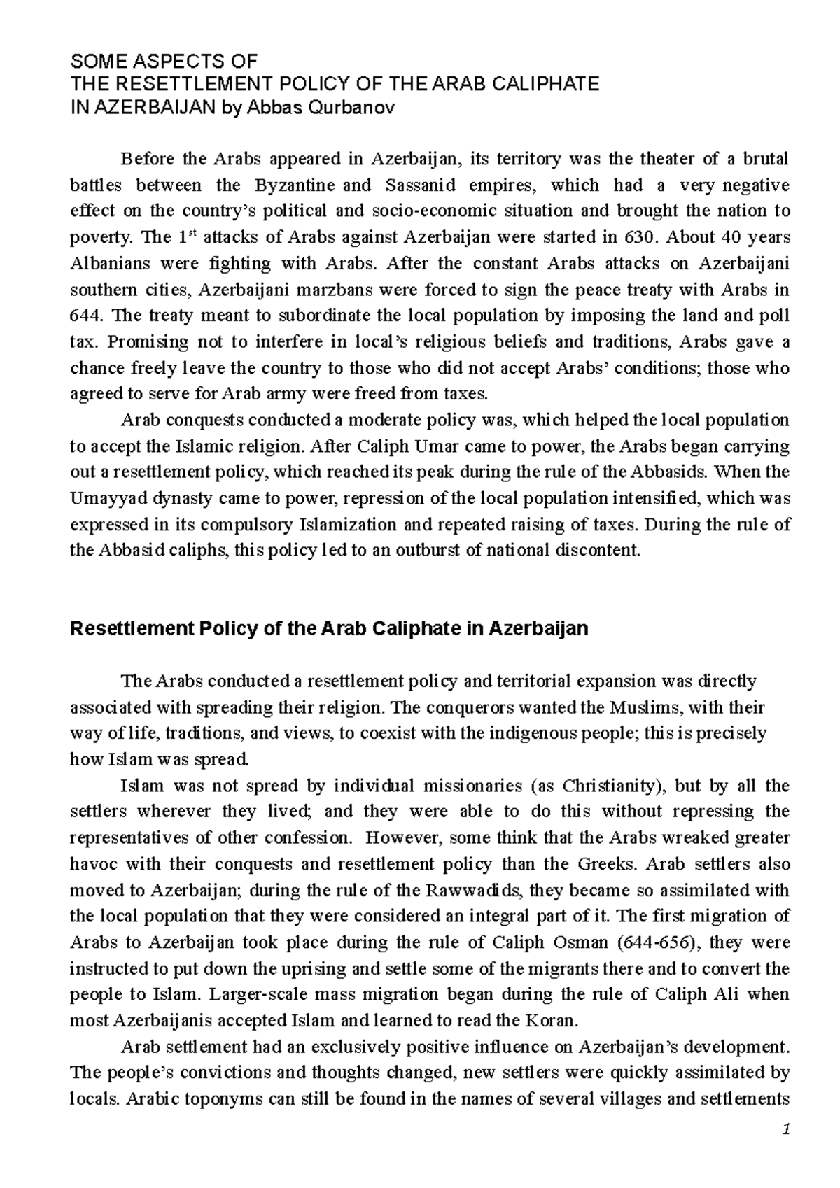 Resettlement policy of the Arab Caliphate in Azerbaijan - SOME ASPECTS ...