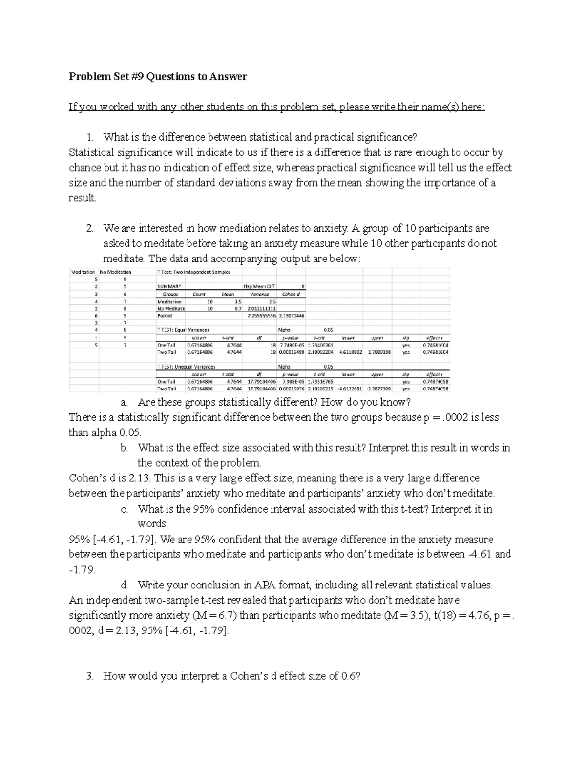 Problem Set #9 - Professor Ditta - Problem Set #9 Questions to Answer If you worked with any ...