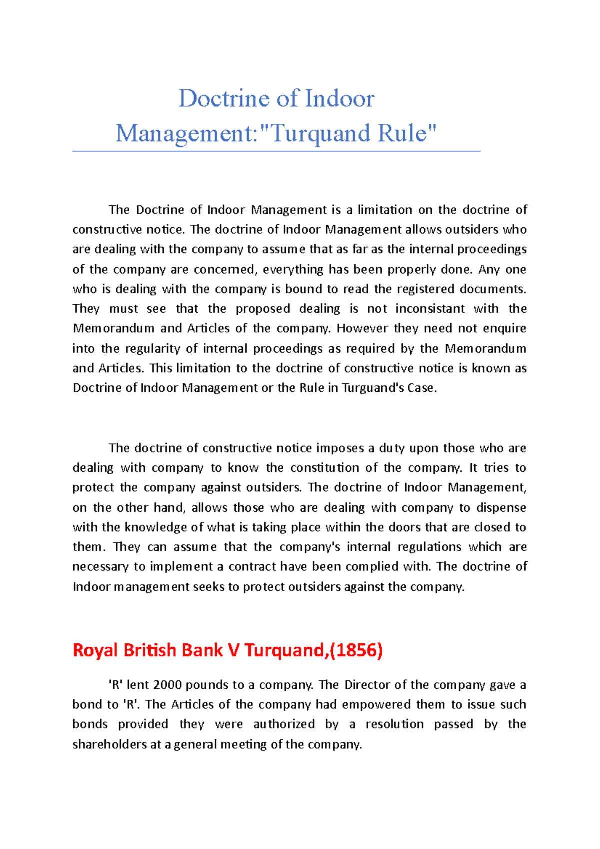 Doctrine of Indoor Management - Turquand Rule - Doctrine of Indoor ...