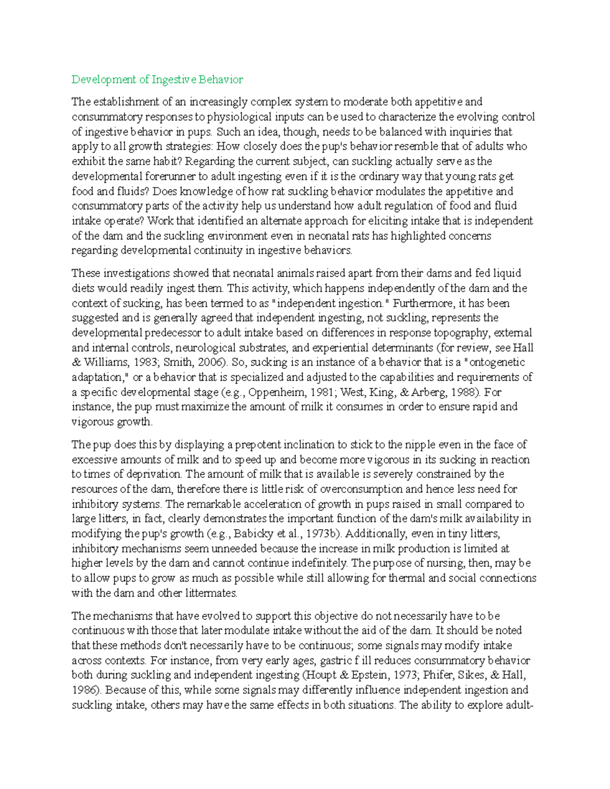 Development of Ingestive Behavior - Such an idea, though, needs to be ...