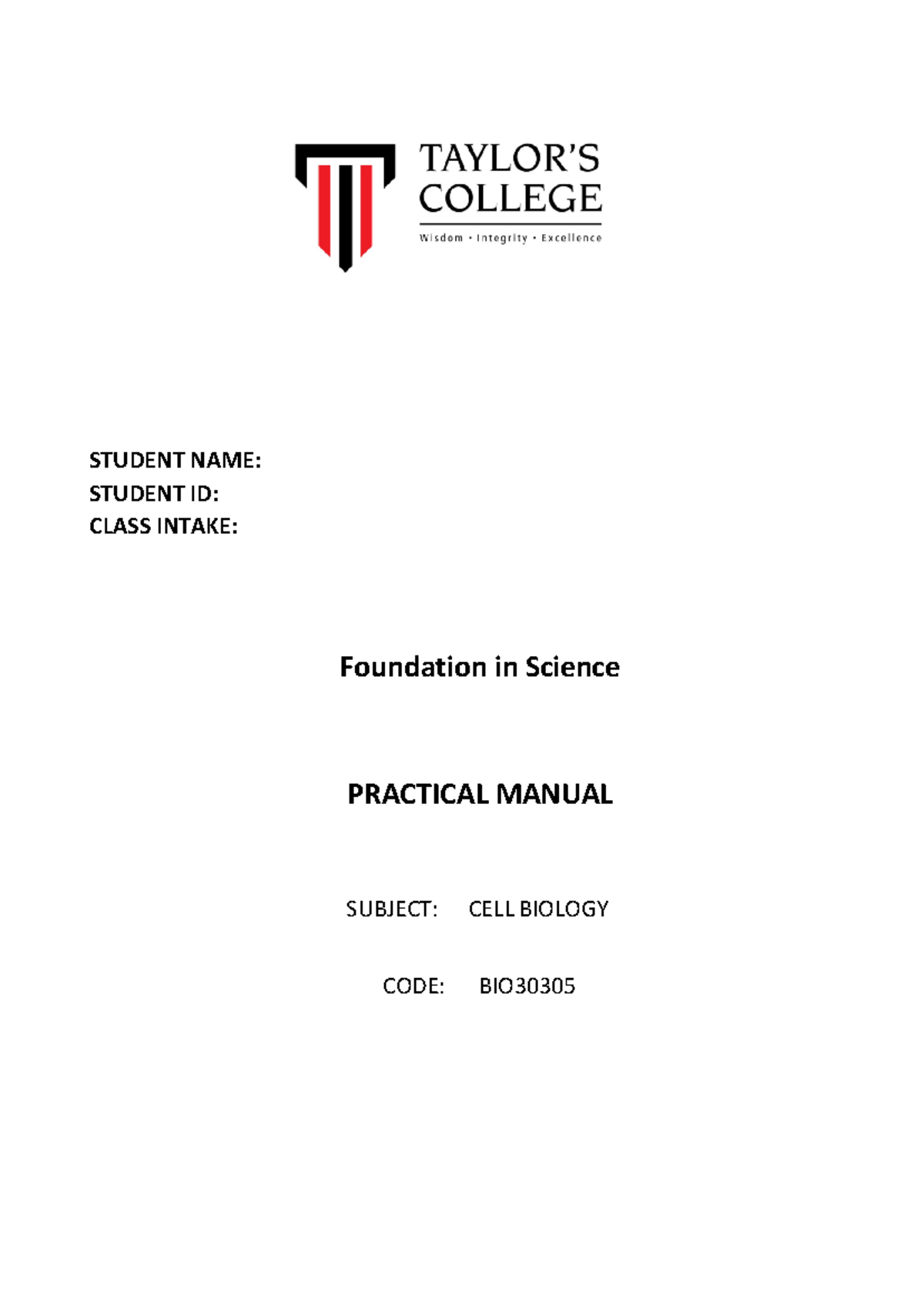 CB Practical Manual April 2024 - STUDENT NAME: STUDENT ID: CLASS INTAKE ...