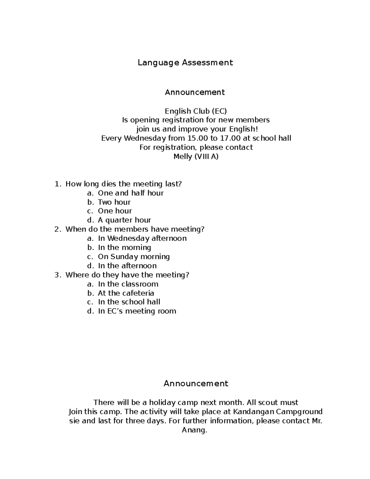 Language Assesment - Language Assessment Announcement English Club (EC ...