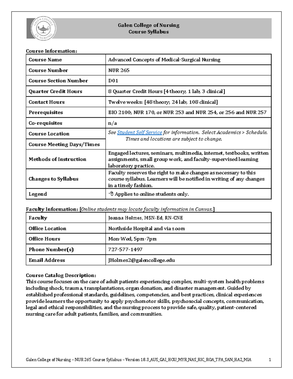 NUR 265 Syllabus Version 18-3 Holmes Fall 2023 D1 - Galen College of ...