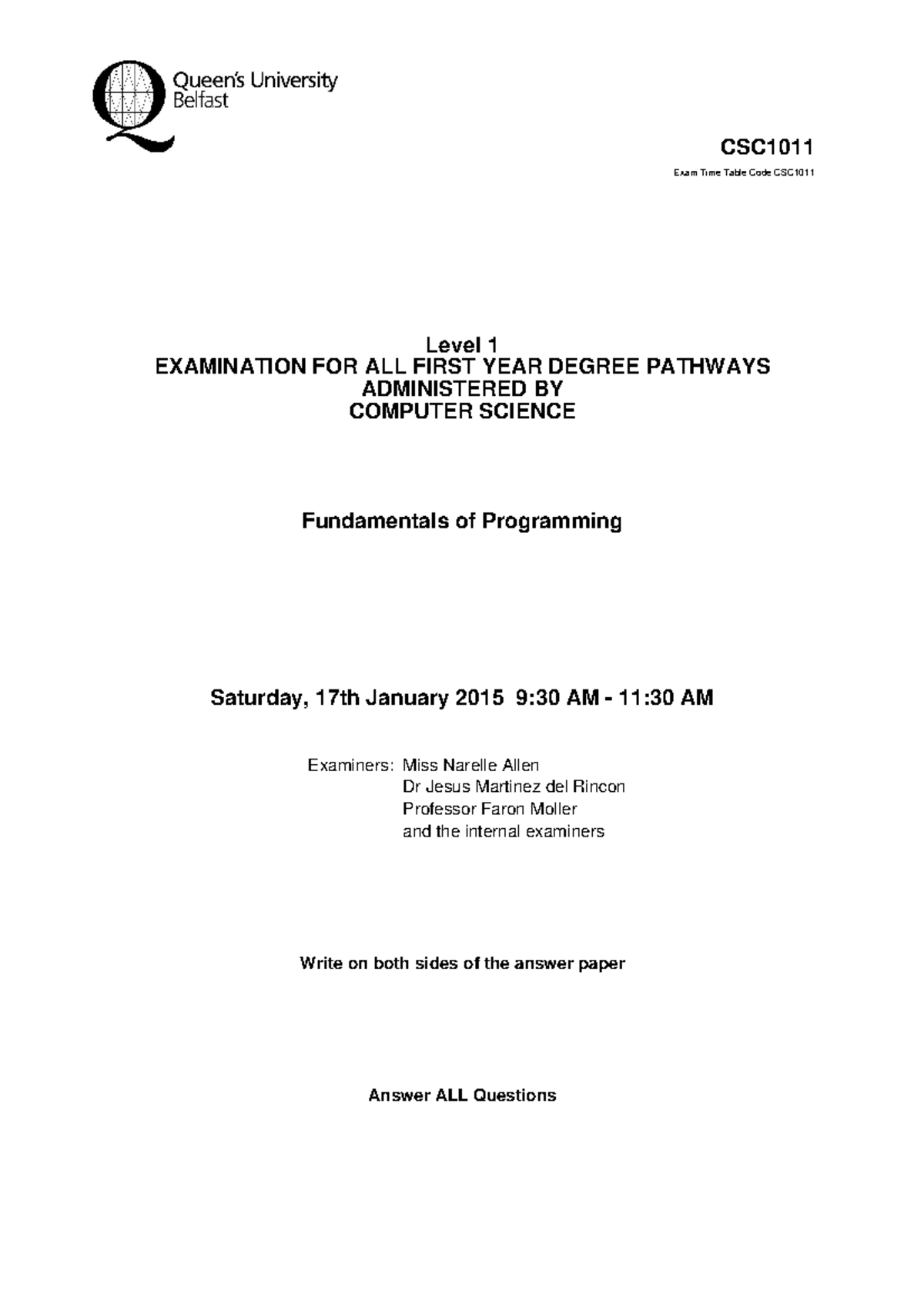 Fundamentals of programming past paper - CSC Exam Time Table Code CSC ...
