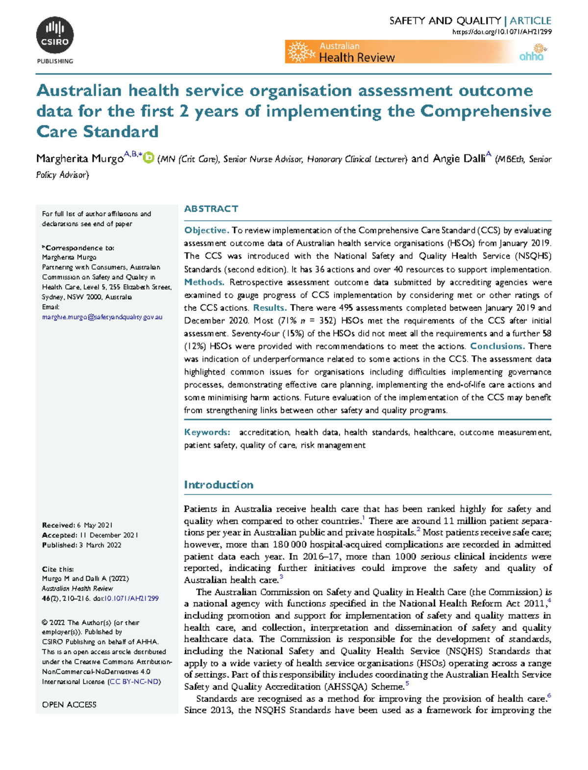 Australian health service orga - SAFETY AND QUALITY|ARTICLE ####### doi ...