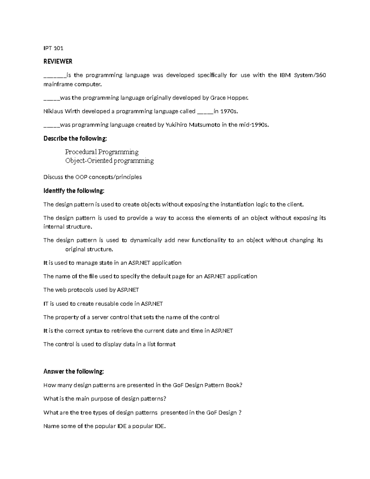 IPT SHORTReviewer - IPT 101 REVIEWER _______is the programming language ...