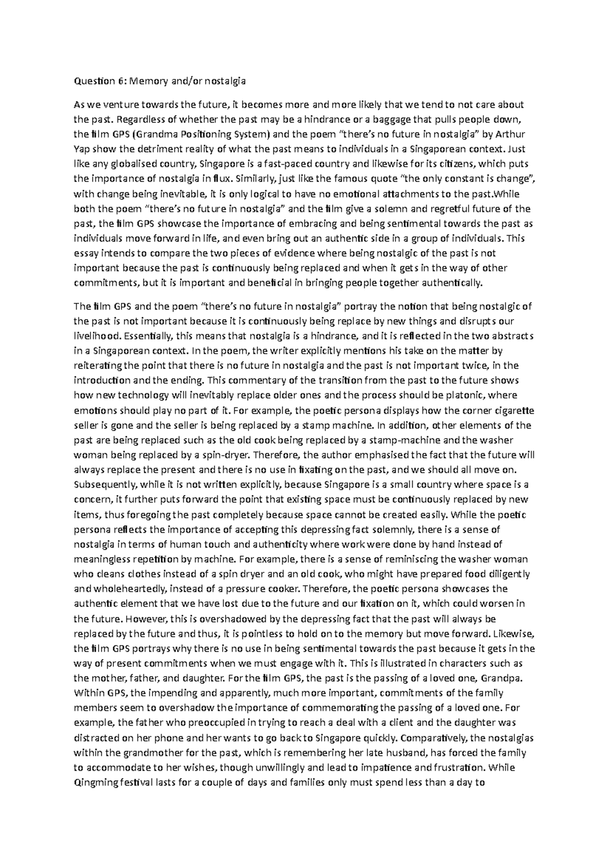 4. Importance of the past - Question 6: Memory and/or nostalgia As we ...