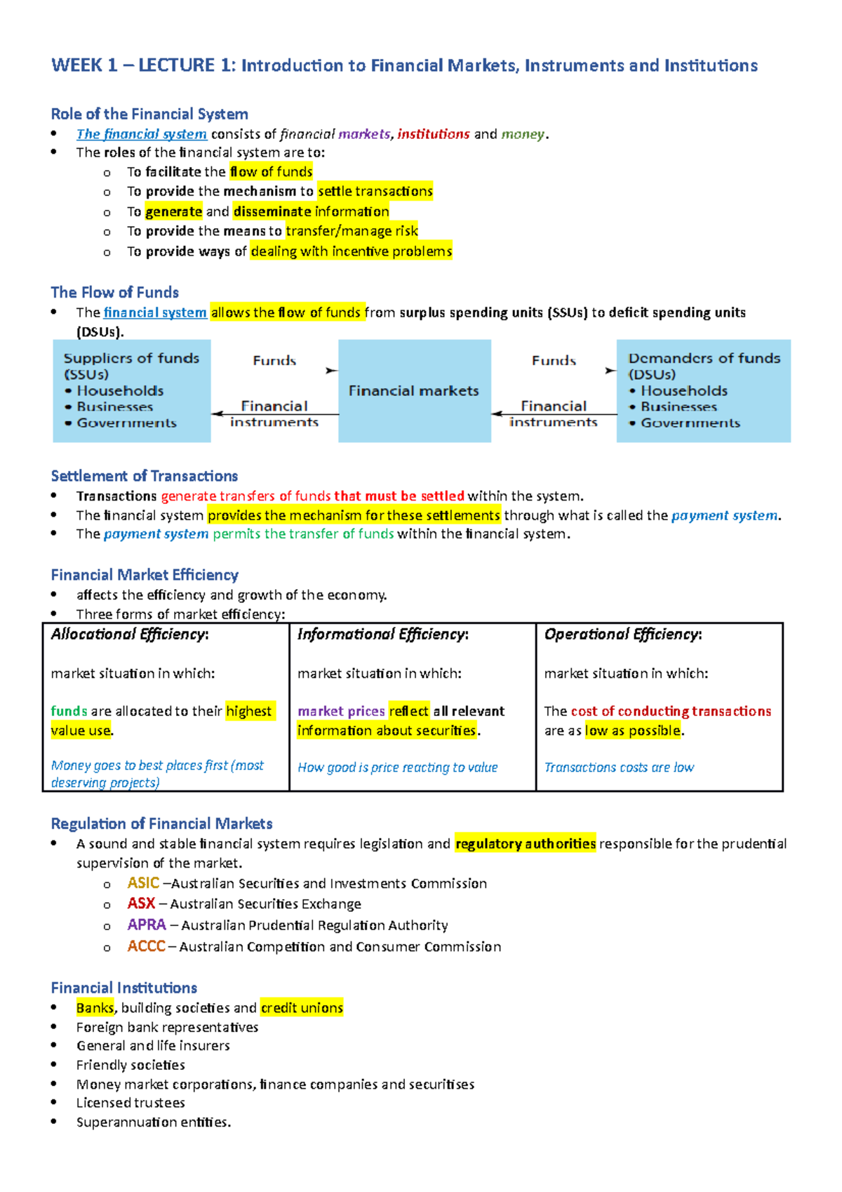 Fm notes - WEEK 1 – LECTURE 1: Introduction to Financial Markets ...