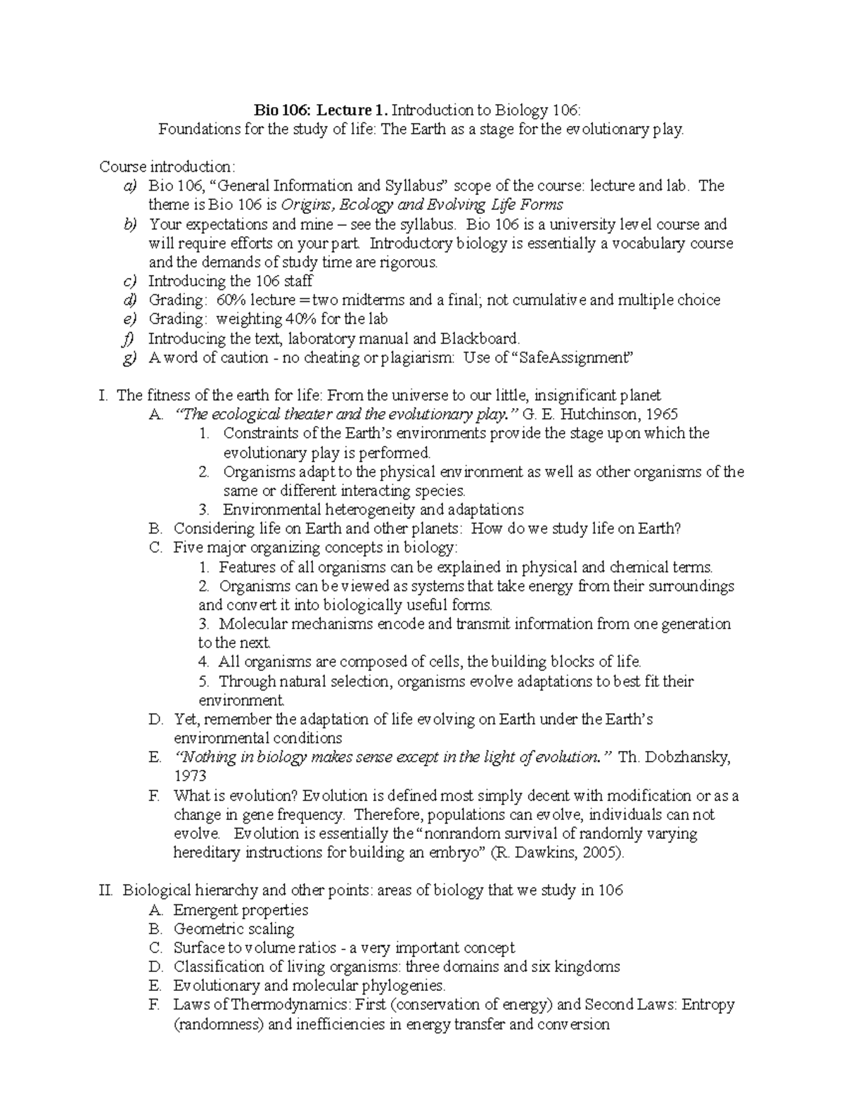Lecture 01, Outline - notes - Bio 106: Lecture 1. Introduction to ...