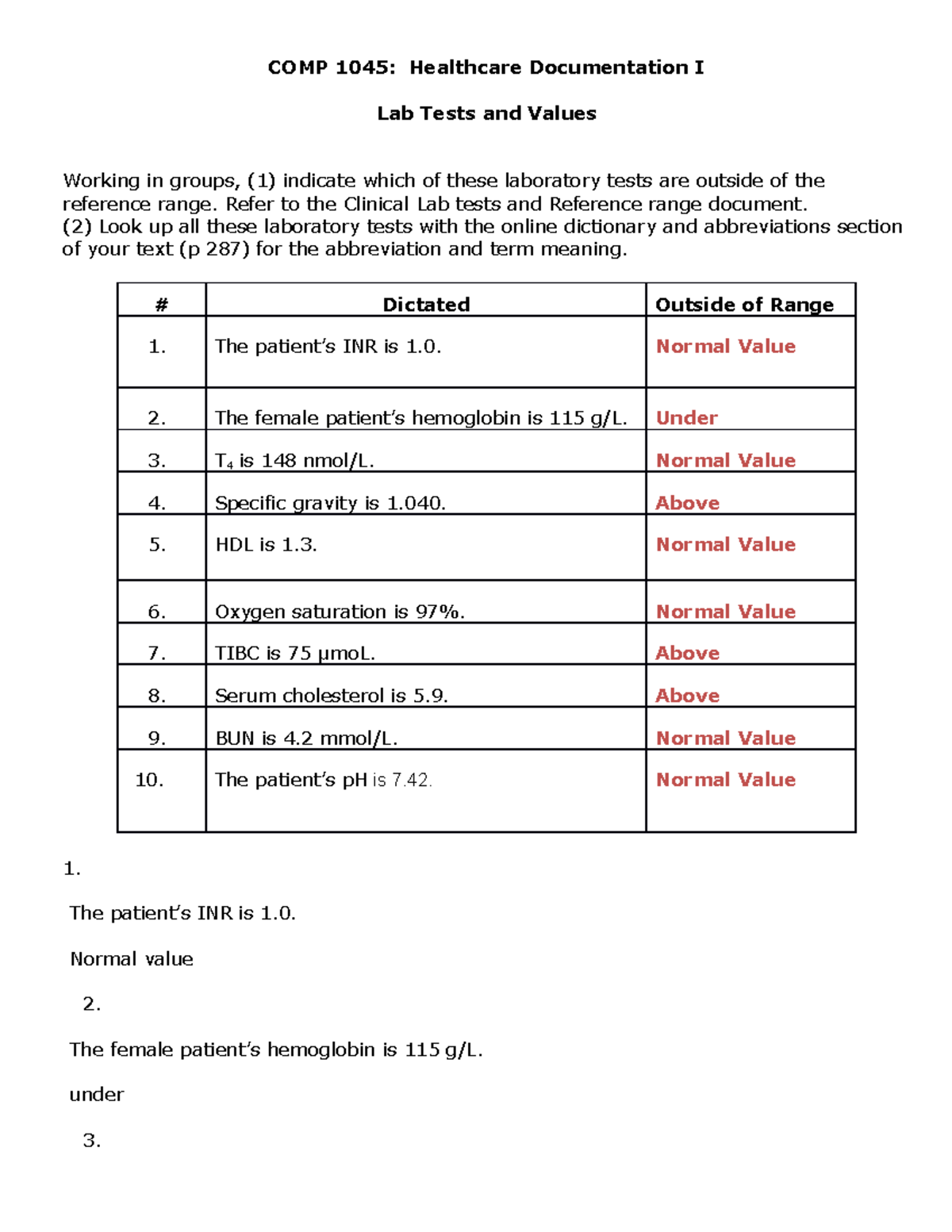 Lab Tests And Values Exercise Lab Exercise Comp 1045 Healthcare Documentation I Lab Tests And