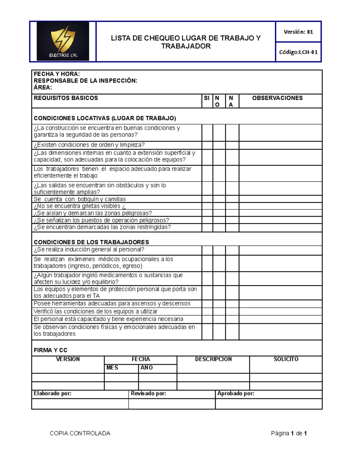Lista DE Chequeo Lugar DE Trabajo Y Trabajador - LISTA DE CHEQUEO LUGAR DE TRABAJO Y TRABAJADOR ...