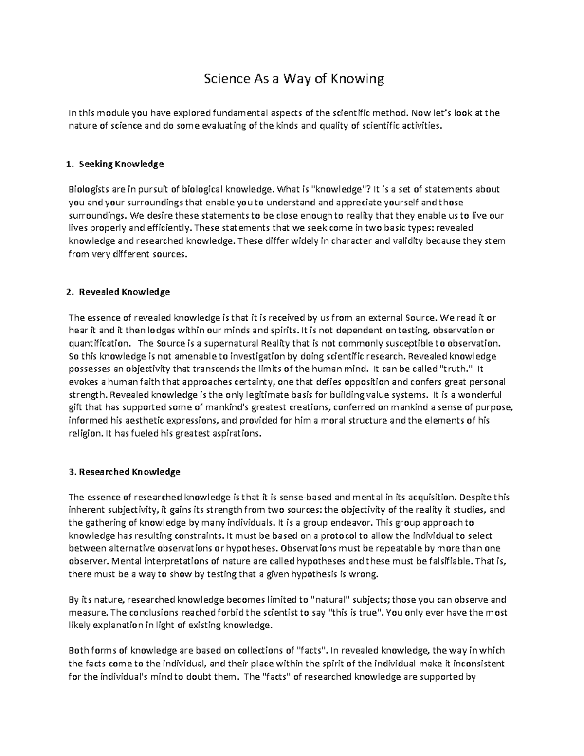 Science As a Way of Knowing pdf handout in class - Science As a Way of ...