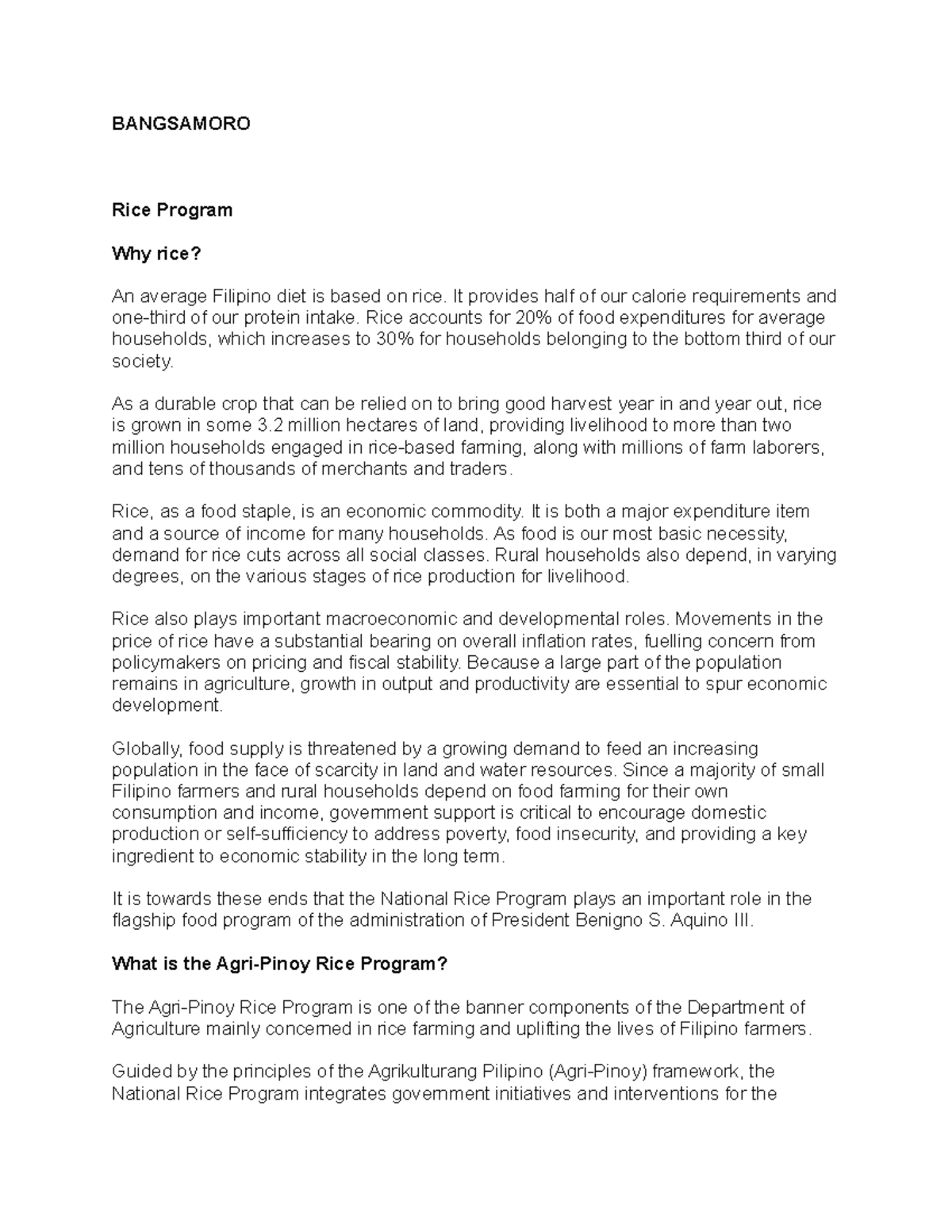 Rice Program - agriculture - BANGSAMORO Rice Program Why rice? An ...