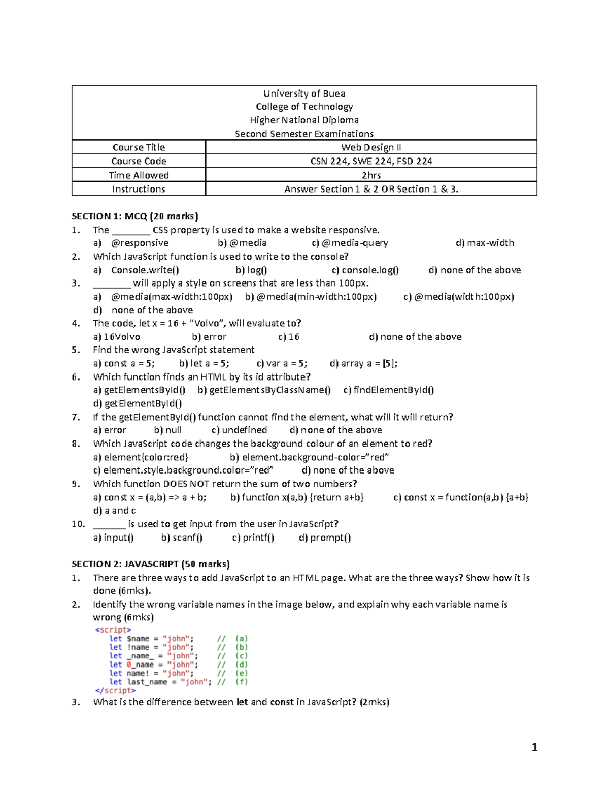 EXAM WEB Design - 1 University of Buea College of Technology Higher ...