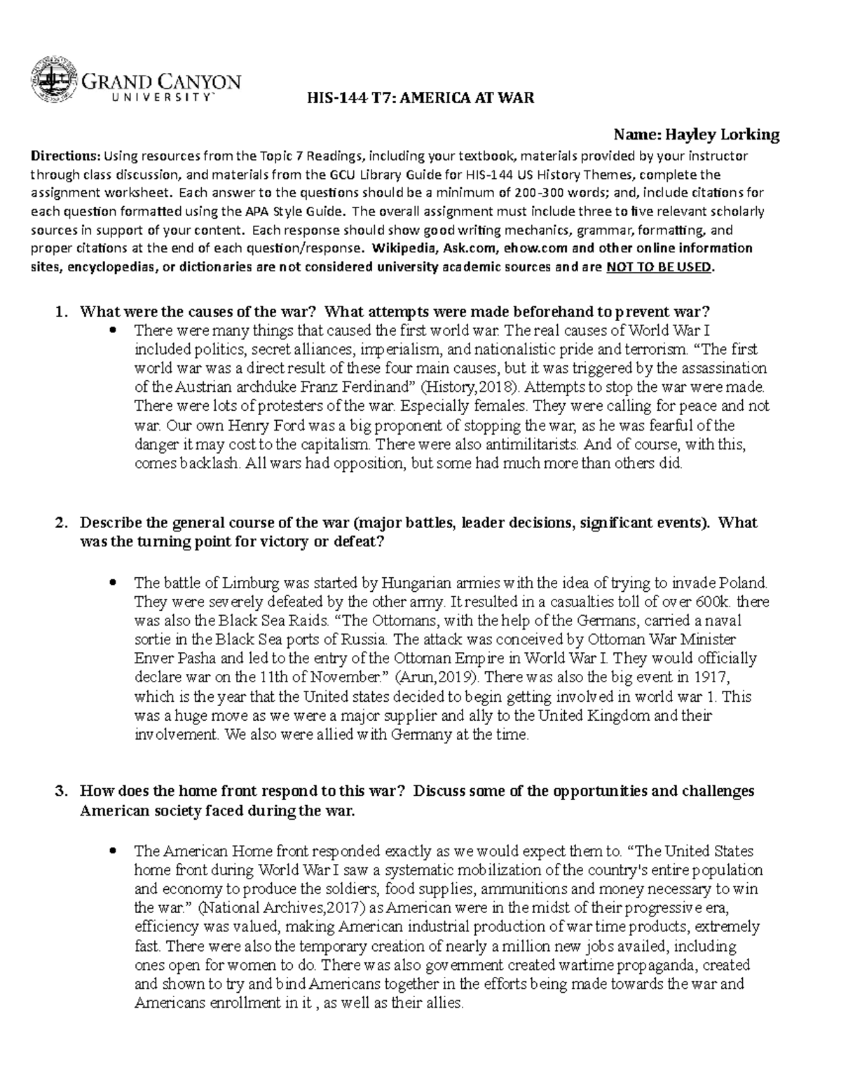 America at war - na to - HIS-144 T7: AMERICA AT WAR Name: Hayley ...