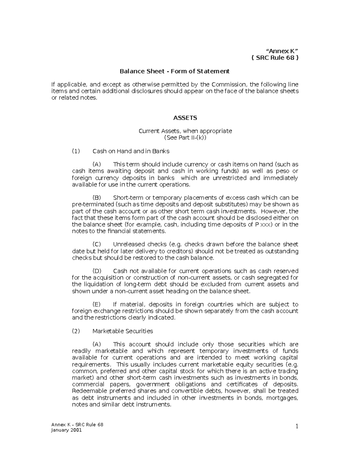 Balance Sheet - Form of Statement Annex K - “Annex K” ( SRC Rule 68 ...