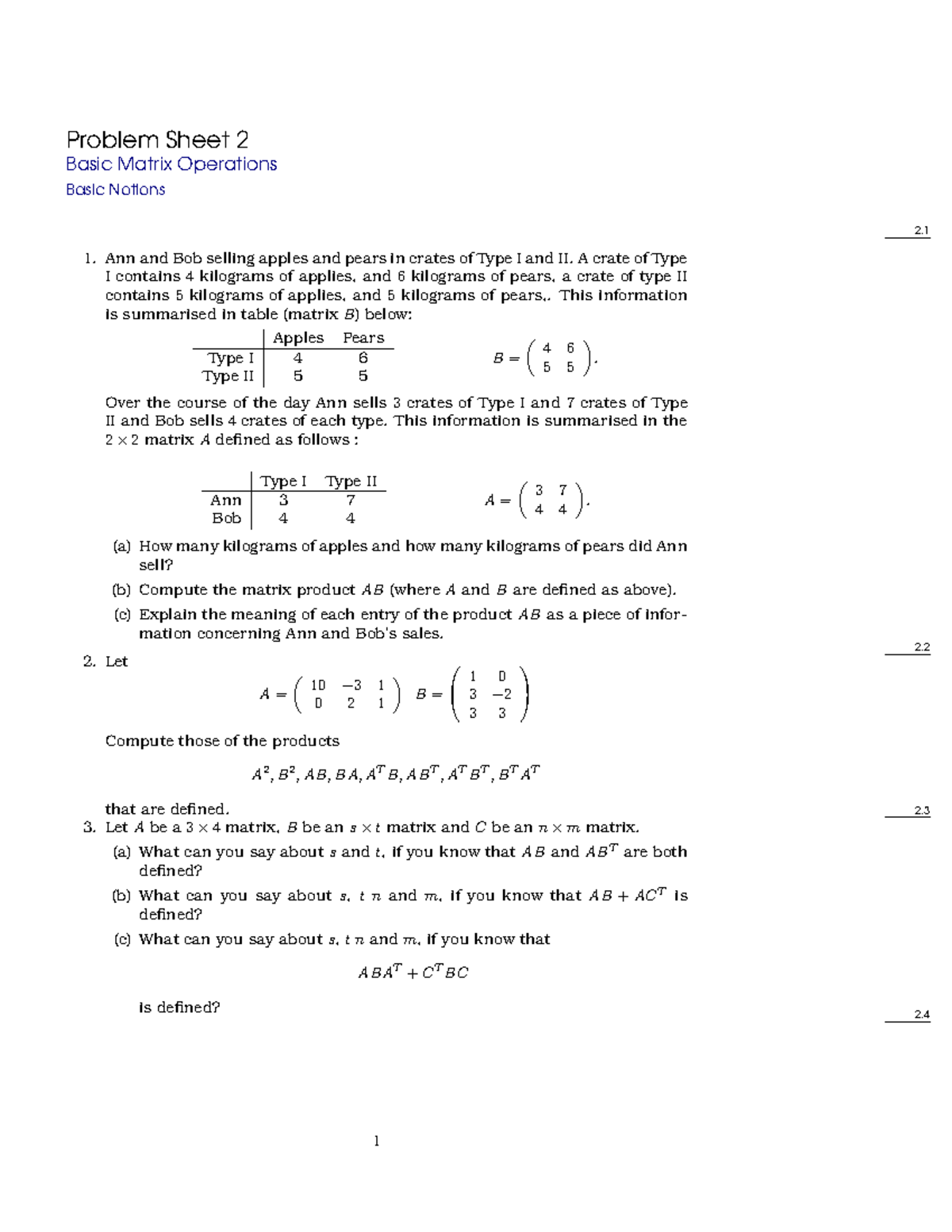 Lecture Ps Notes 2 Additional Aid For Understanding Linear Algebra Problem Sheet 2 Basic