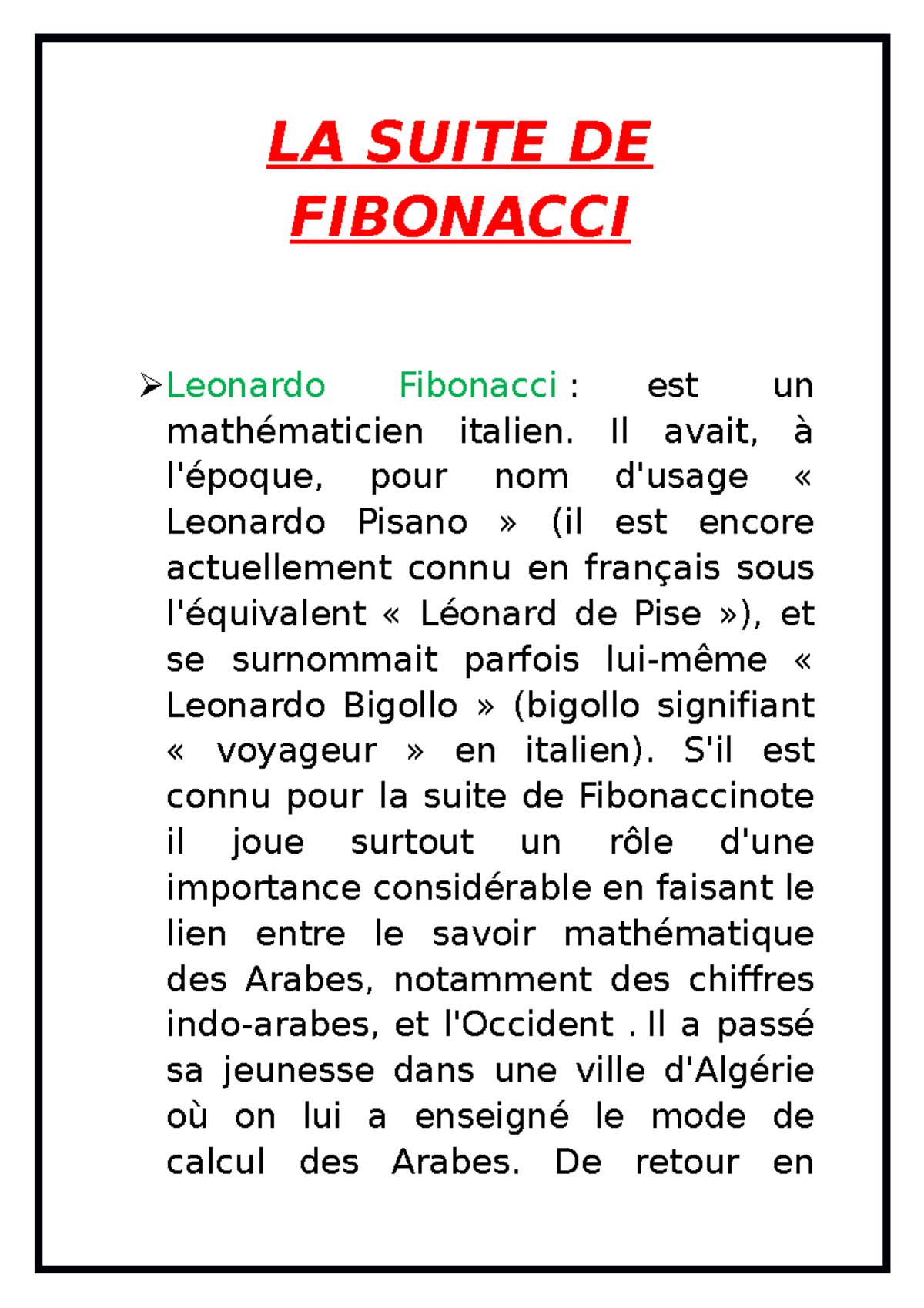 LA Suite DE Fibonacci - LA SUITE DE FIBONACCI Leonardo Fibonacci : est ...