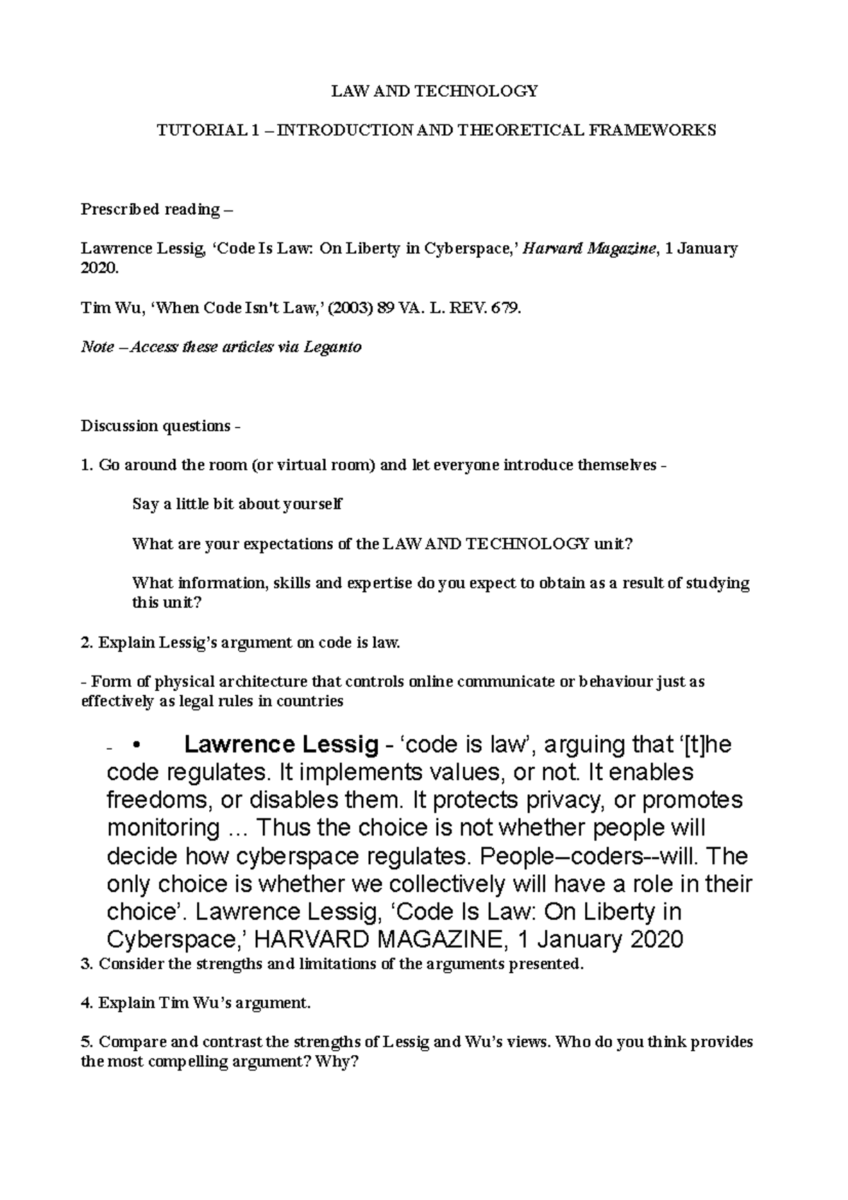 2022 Tutorial 1 - Introduction - LAW AND TECHNOLOGY TUTORIAL 1 ...