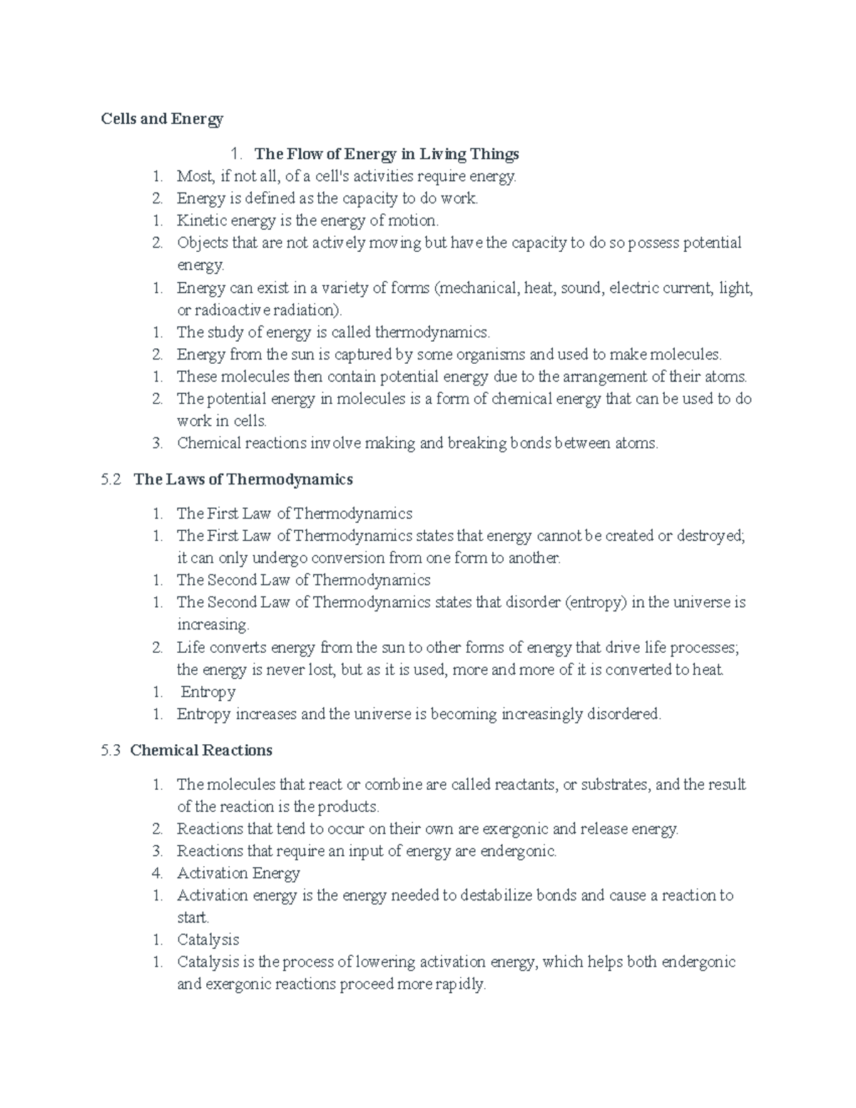 Bio Chp 5 Notes - Cells and Energy The Flow of Energy in Living Things ...