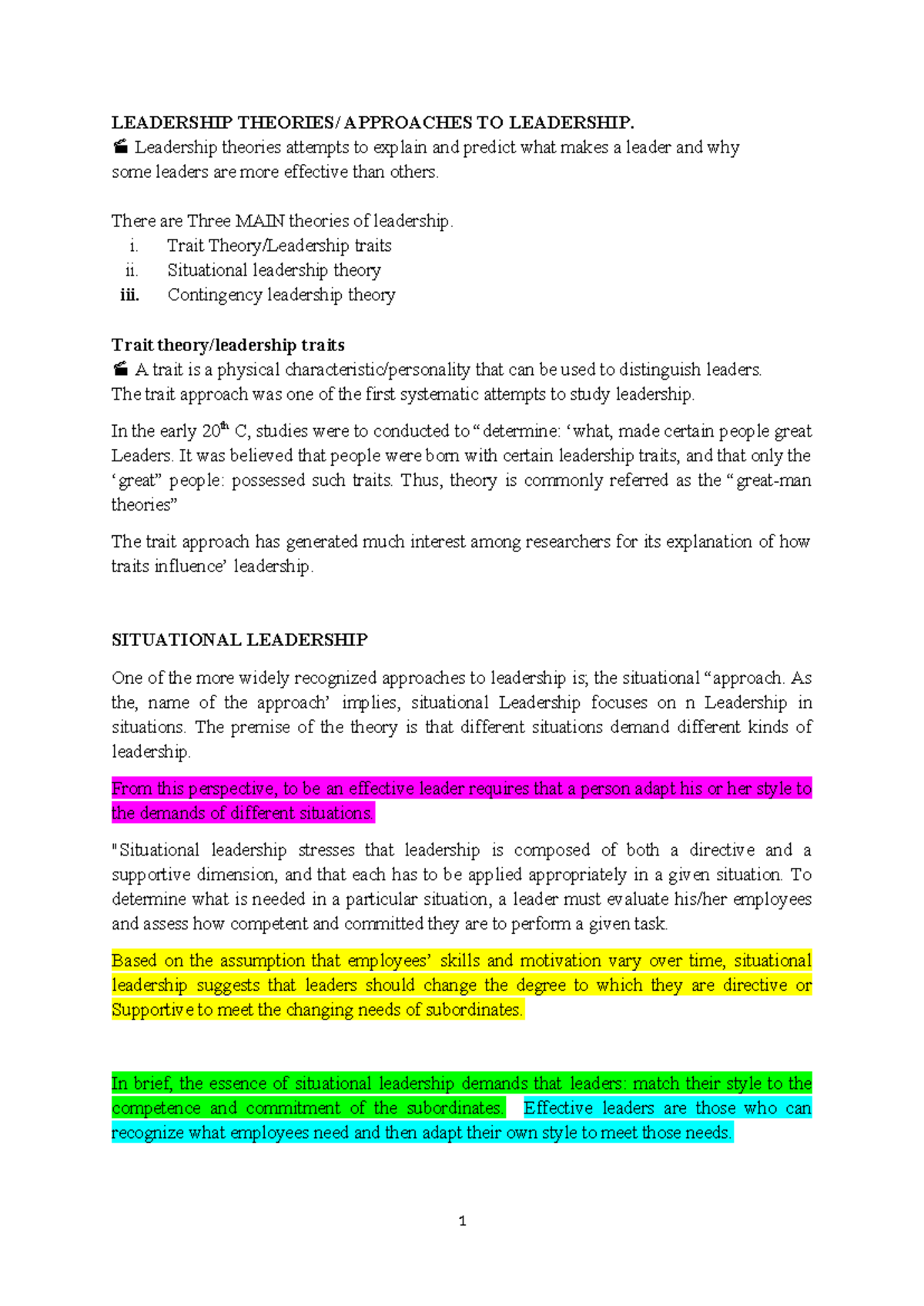 Leadership theories and Styles LEC - LEADERSHIP THEORIES/ APPROACHES TO ...