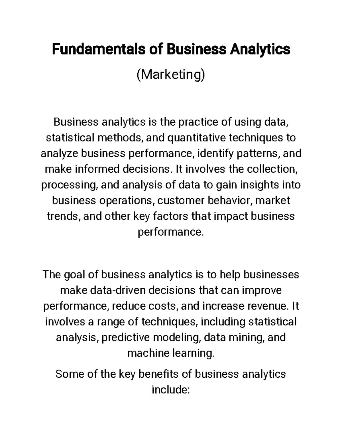 Fundamentals Of Business Analytics Fundamentals Of Business Analytics