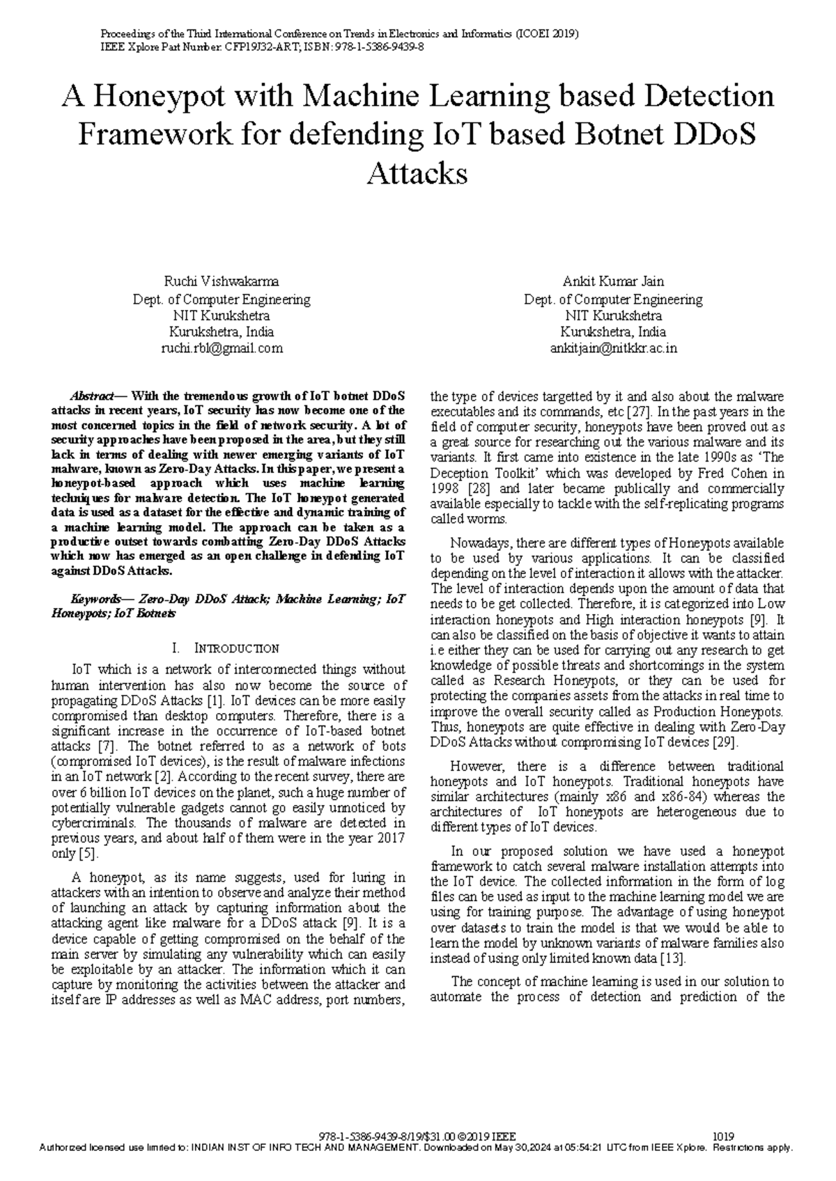 A Honeypot With Machine Learning Based Detection Framework For Defending Io T Based Botnet Ddo S