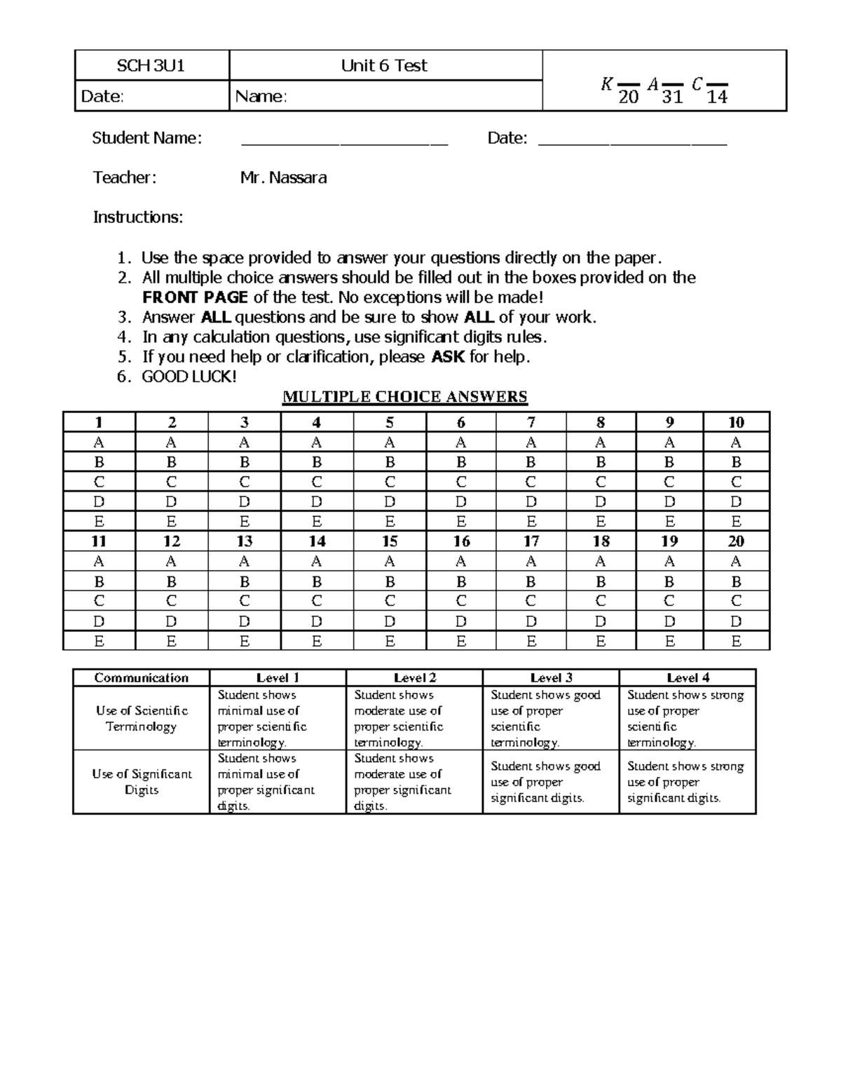 07 Unit 6 Practice Test - SCH 3U1 Unit 6 Test 𝐾 20 𝐴 31 𝐶 14 Date ...