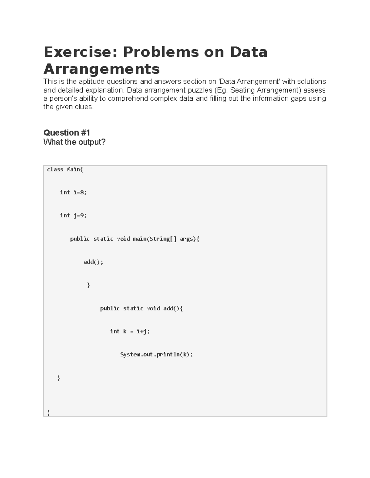 Pblms on data arranegement - Exercise: Problems on Data Arrangements ...