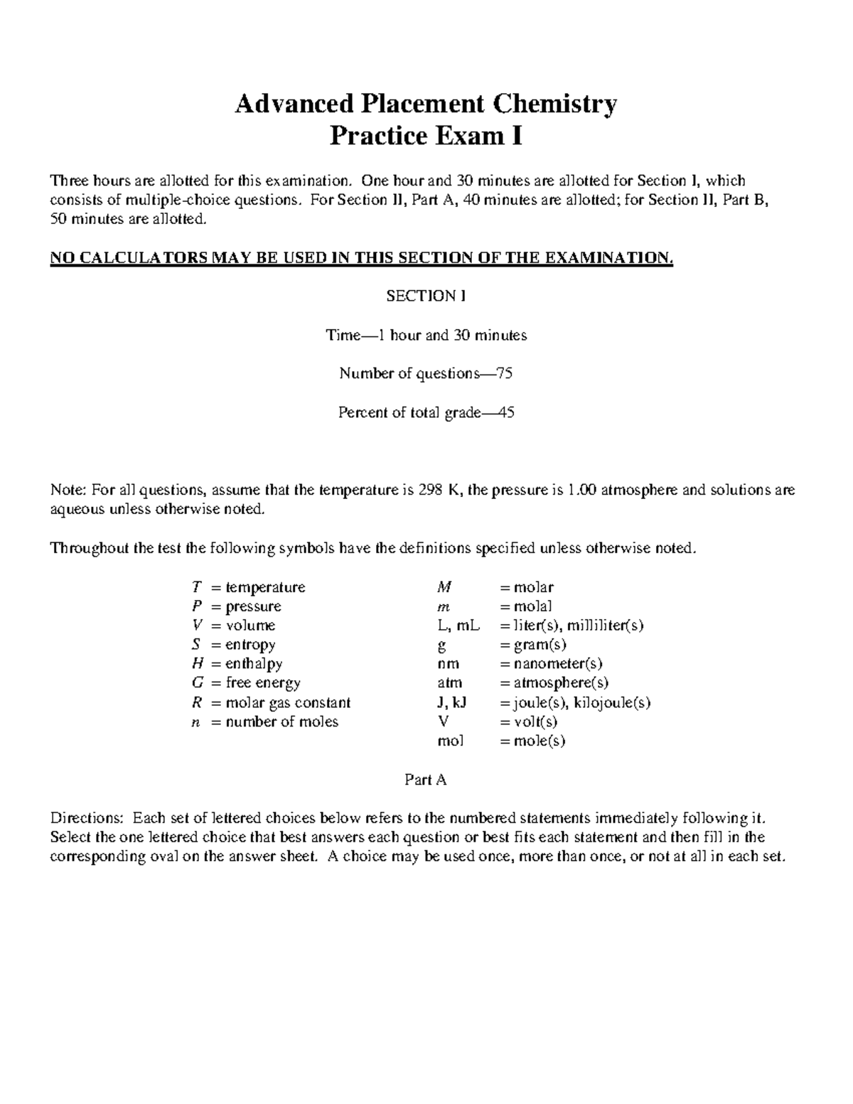 Practice exam i mc - Advanced Placement Chemistry Practice Exam I Three ...