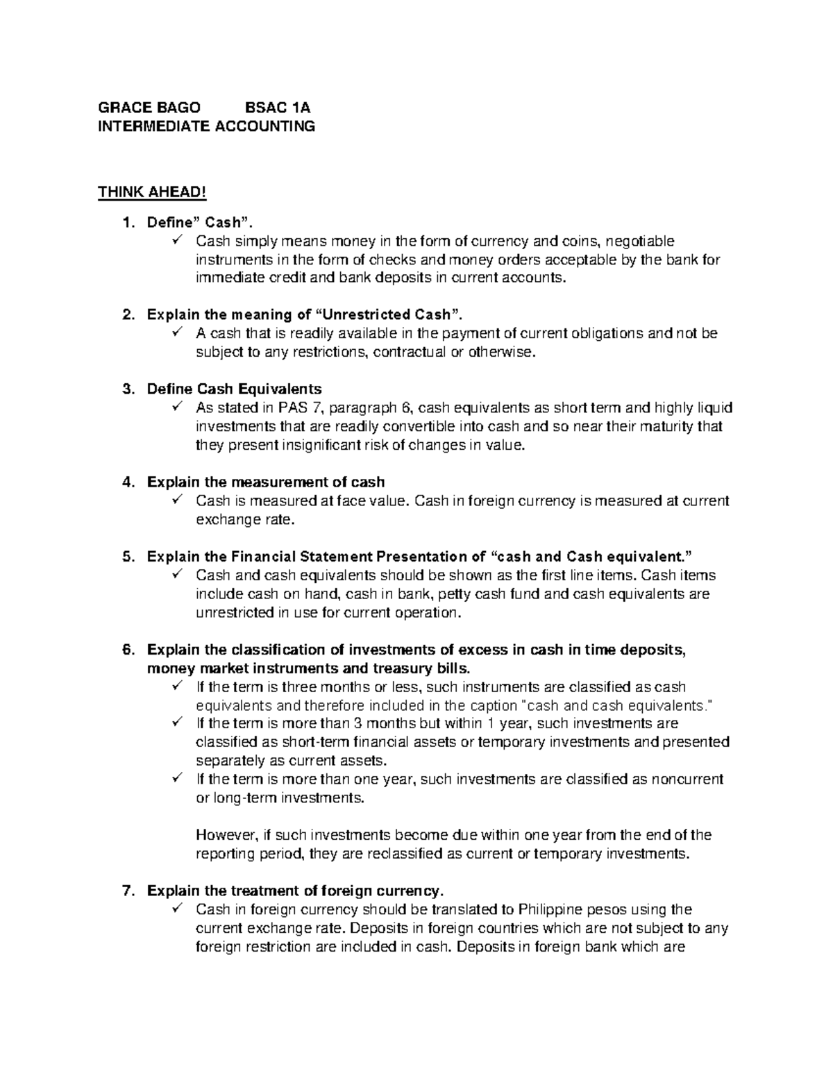 Seatwork/ think ahead questions/ cash and cash equivalents - GRACE BAGO ...