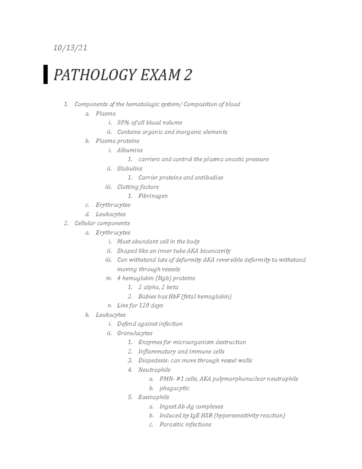 Path Exam 2 Study Guide - 10/13/ PATHOLOGY EXAM 2 Components of the ...
