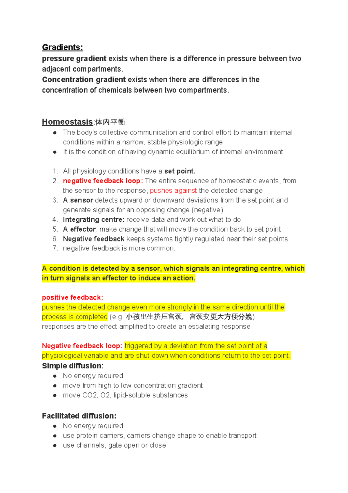 Physiology - Lecture notes week 1-7 - Gradients: pressure gradient ...