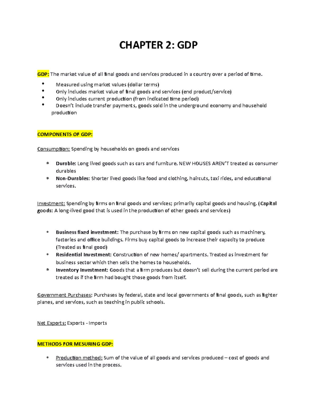 Notes - CHAPTER 2: GDP GDP: The market value of all final goods and ...