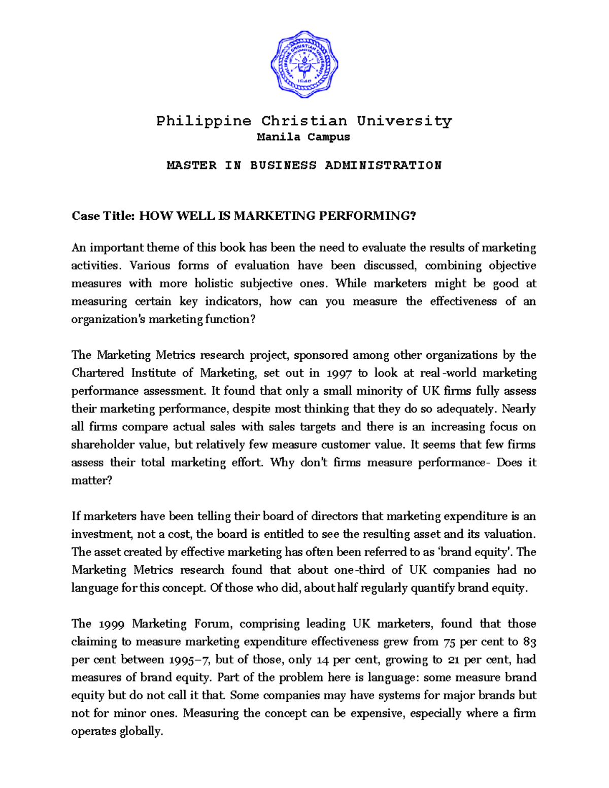 Case 3 - Philippine Christian University Manila Campus MASTER IN ...