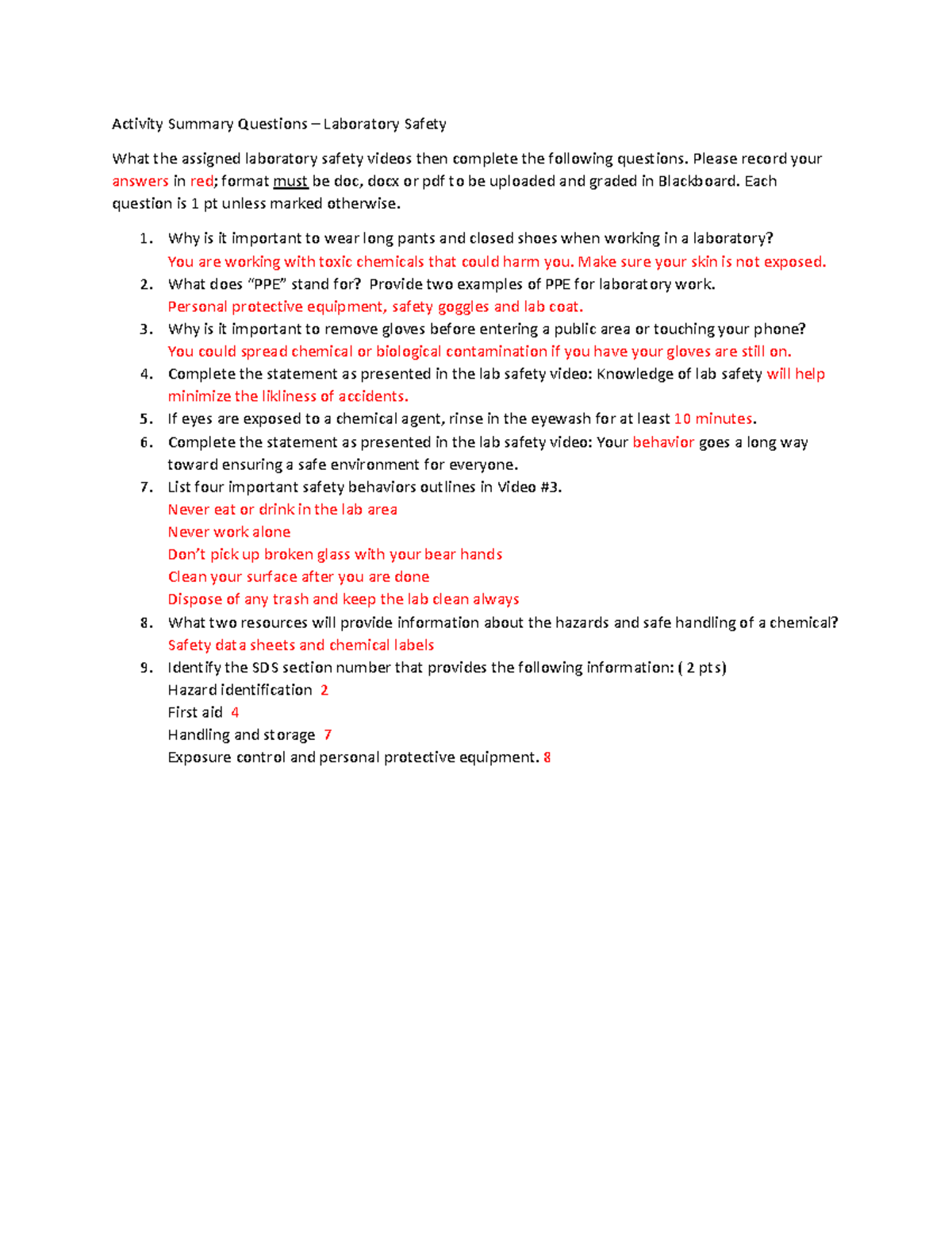 Activity Summary Questions Lab Safety - Activity Summary Questions ...