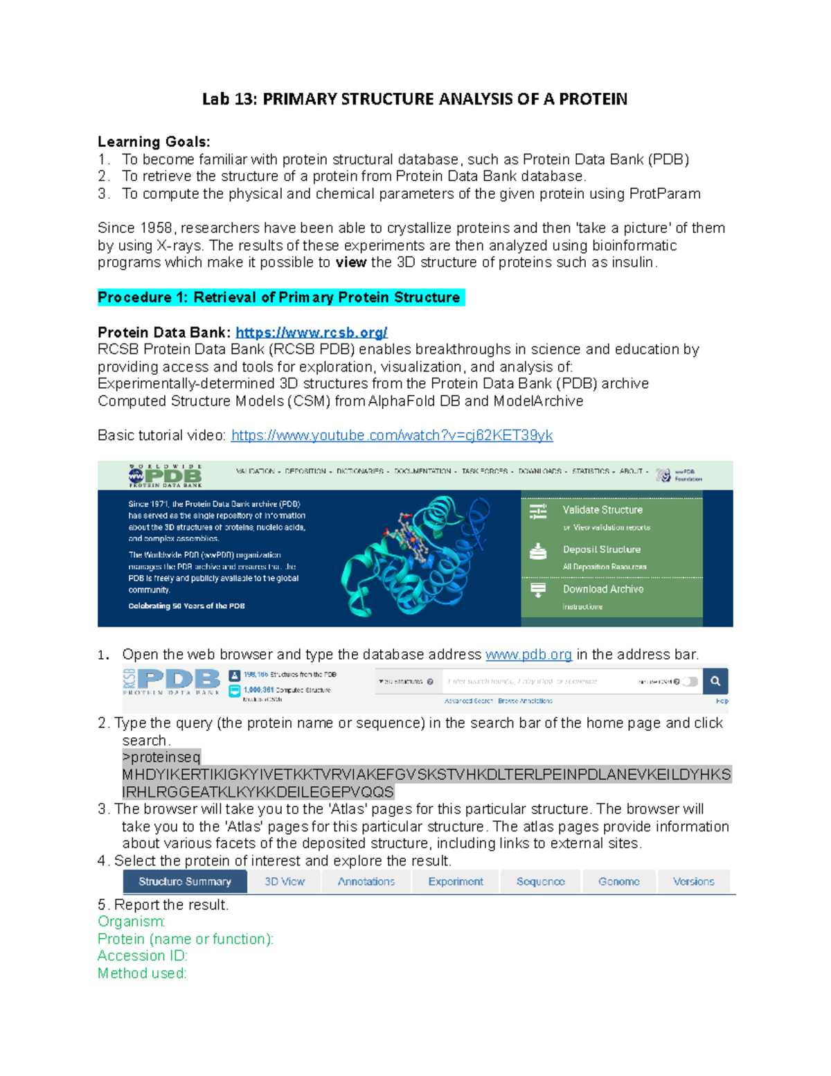 Lab13 Protein structure PDB handout - Lab 13: PRIMARY STRUCTURE ANALYSIS OF A PROTEIN Learning ...