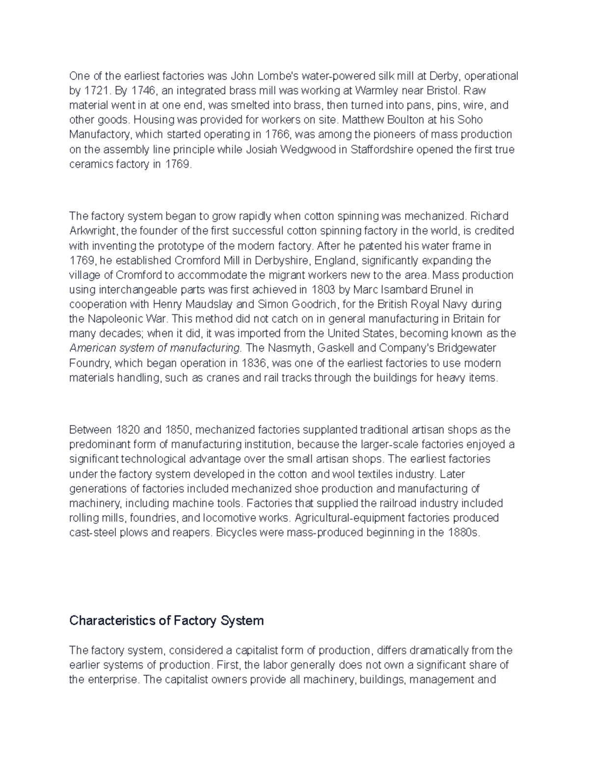 World history essay (21) - One of the earliest factories was John Lombe ...